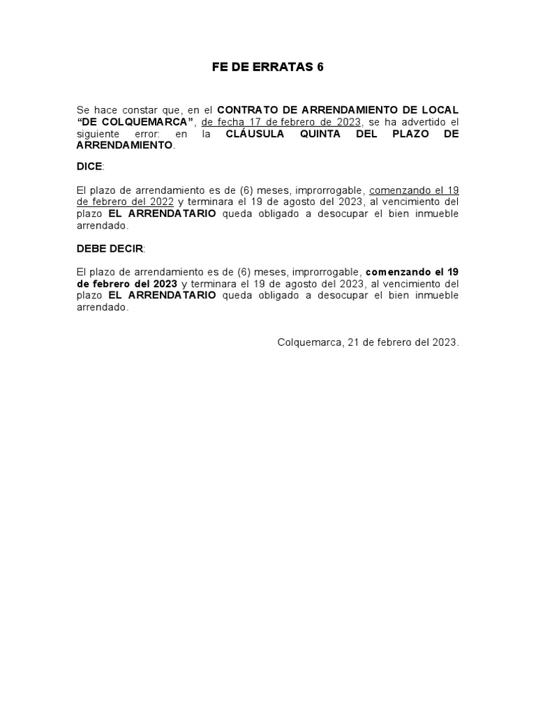 Fe de Erratas de Contrato 6 | PDF