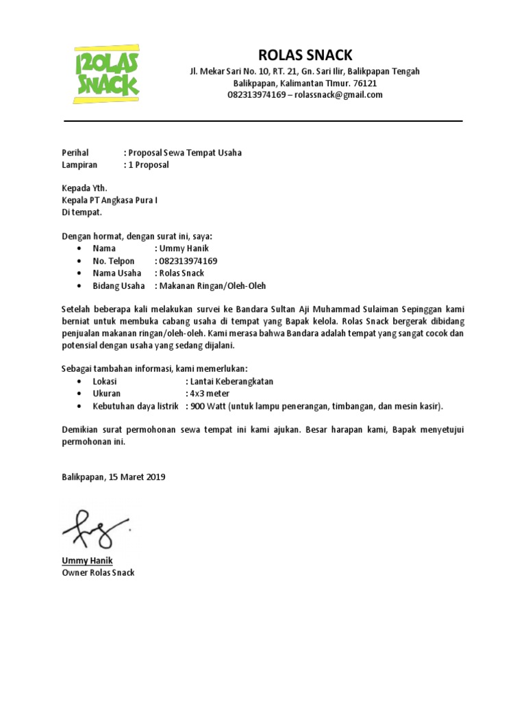 Proposal Sewa Tempat Usaha Rolas Snack | PDF