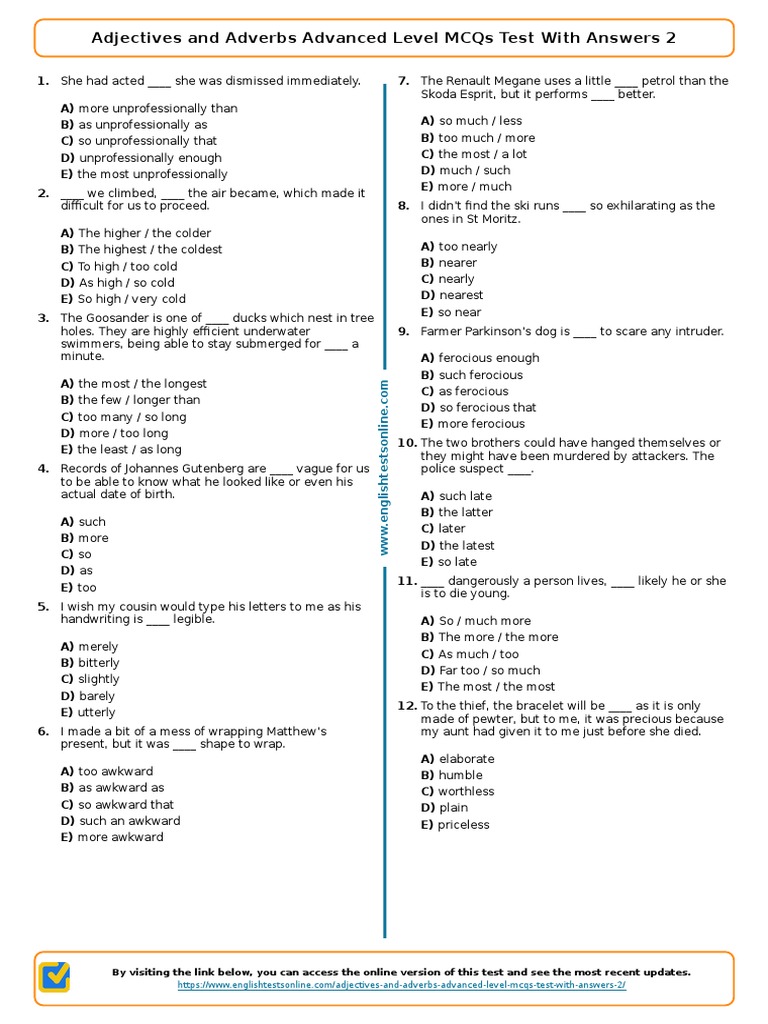 895 Adjectives And Adverbs Advanced Level Mcqs Test With Answers 2