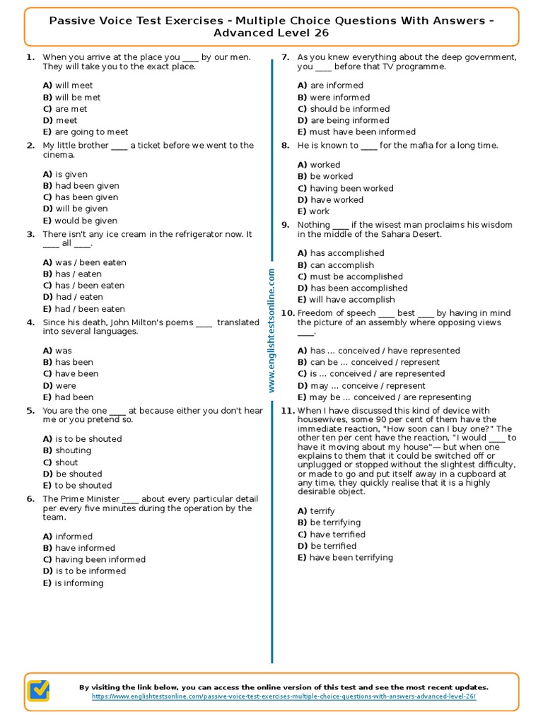 Advanced Passive Voice Exercises PDF | PDF | Multiple Choice