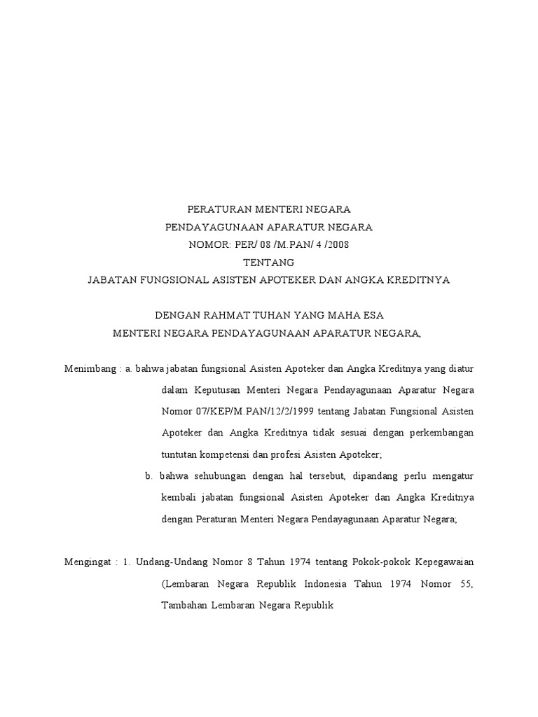 Permenpan No PER 08 M PAN 4 2008 Tahun 2008 - JF Asisten Apoteker Dan ...