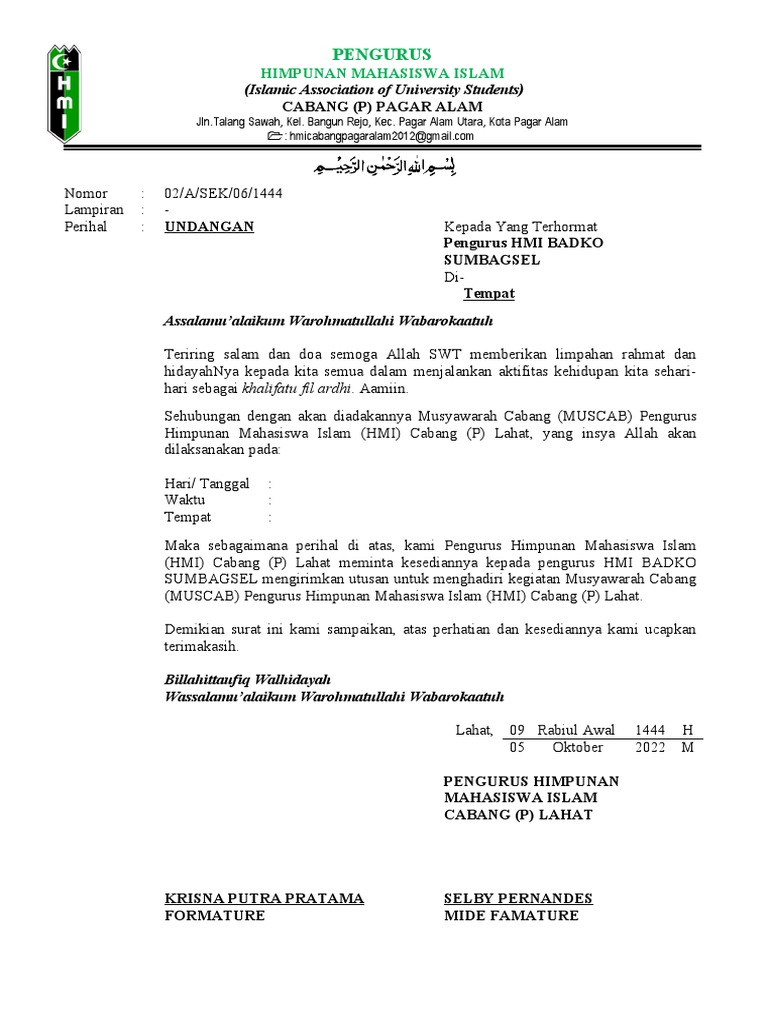 Undangan MUSCAB HMI Cabang Lahat | PDF