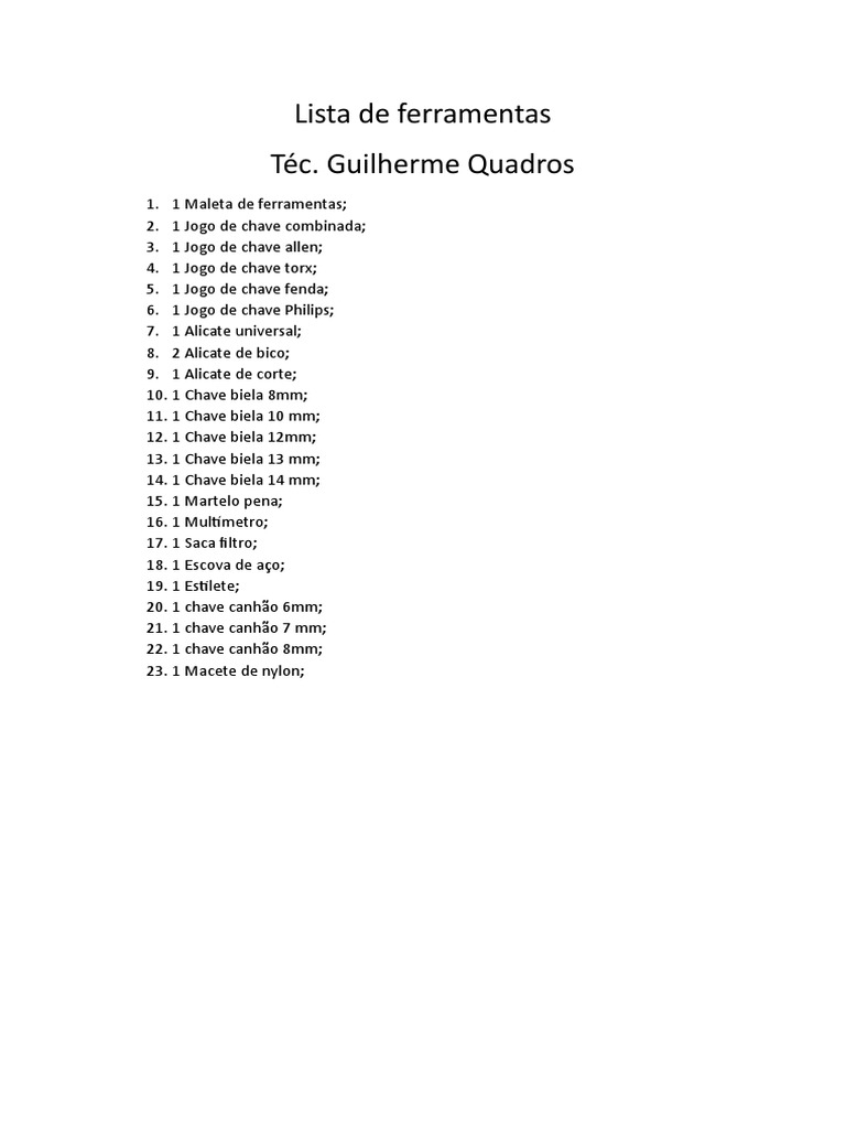 Lista de Ferramentas | PDF