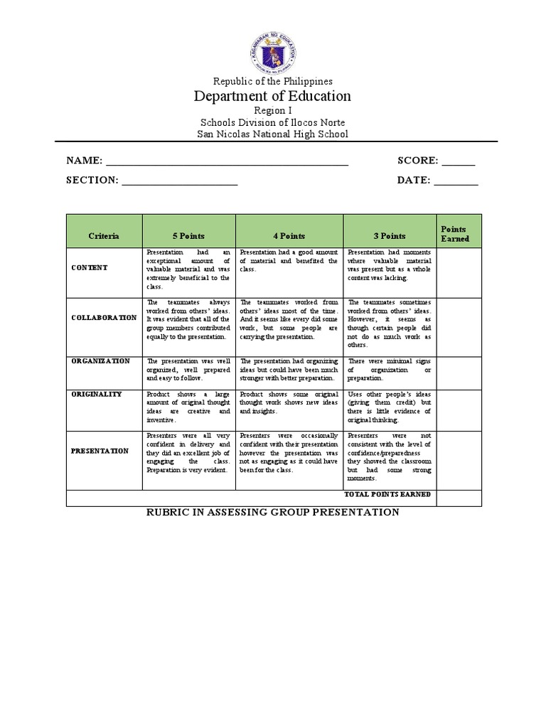 Rubrics Group Presentation Pdf Cognition Learning