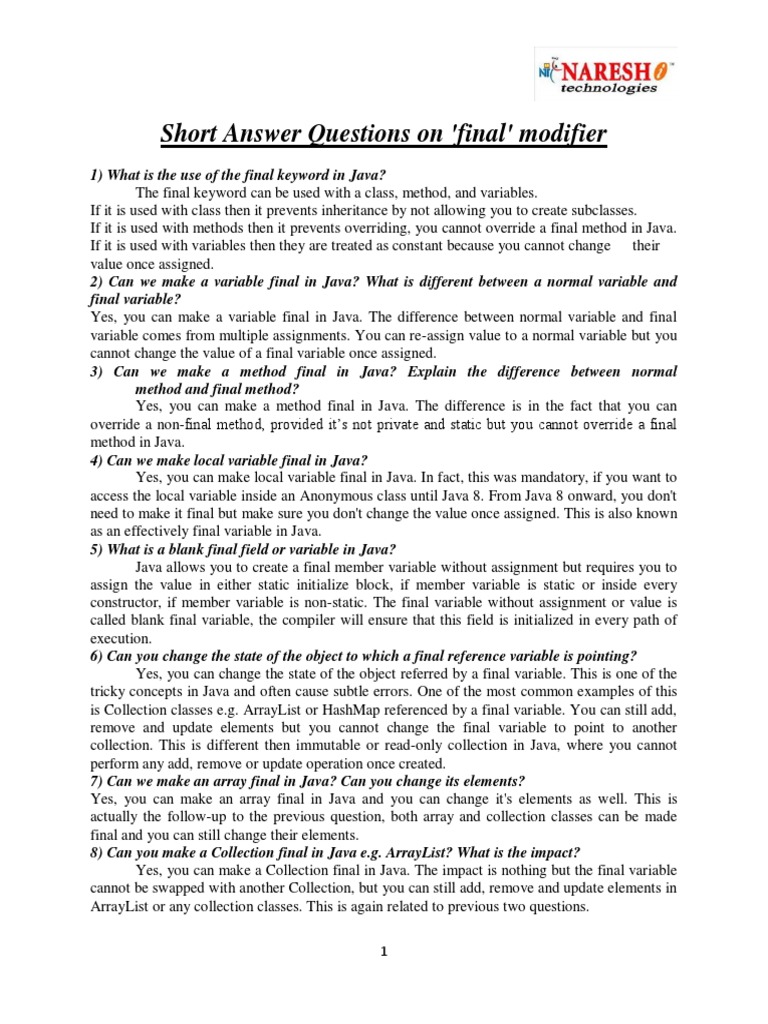 Interview Questions On Final Modifier Pdf Method Computer Programming Class Computer 8739
