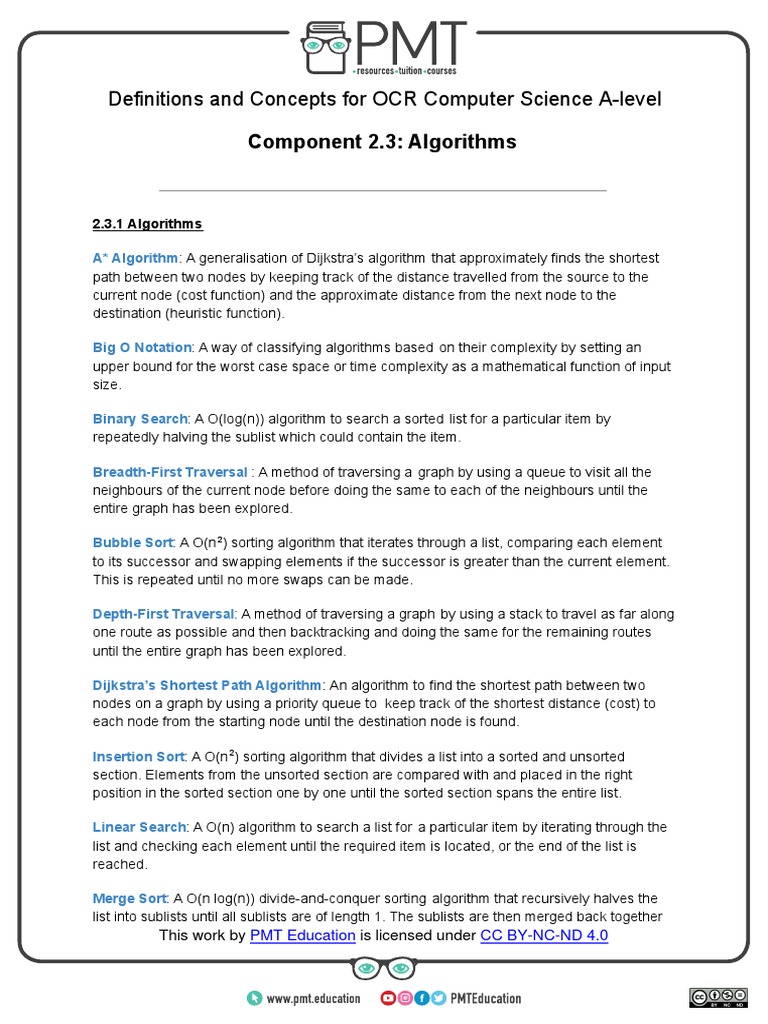 Definitions - Component 2.3 Algorithms - OCR Computer Science A-Level | PDF | Time Complexity ...