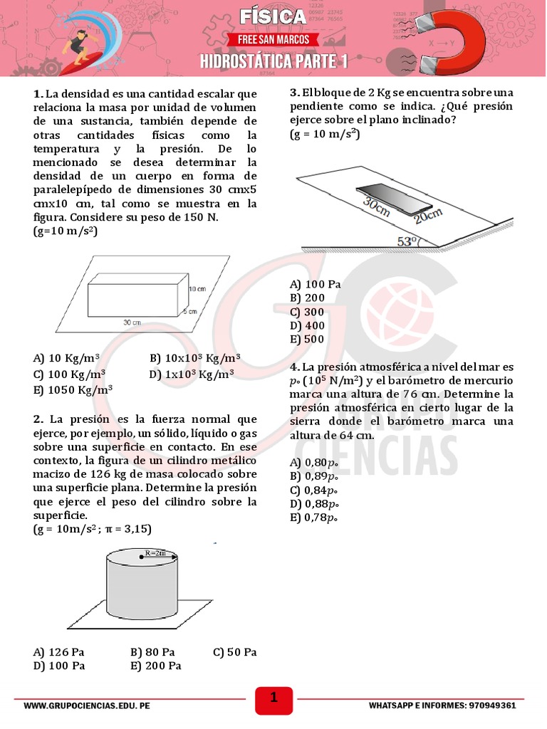 Ejercicios de Densidad y Presión Hidrostática | PDF | Buceo bajo el ...