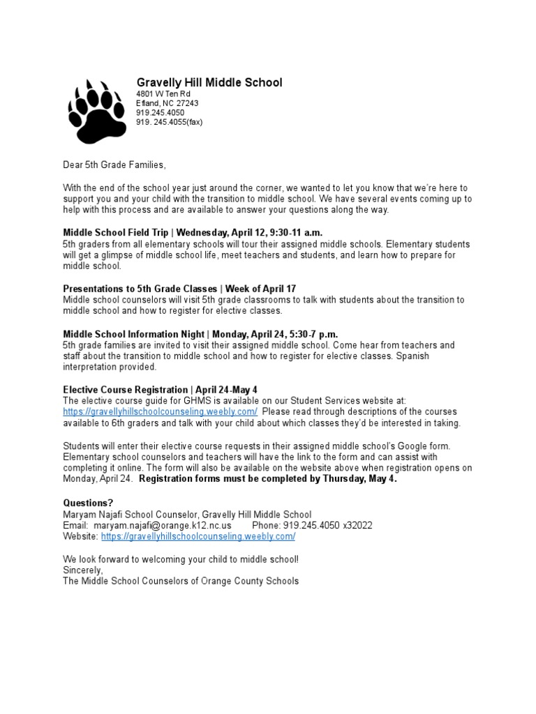 Gravelly Hill Rising 6th Grade Letter | Download Free PDF | Schools ...