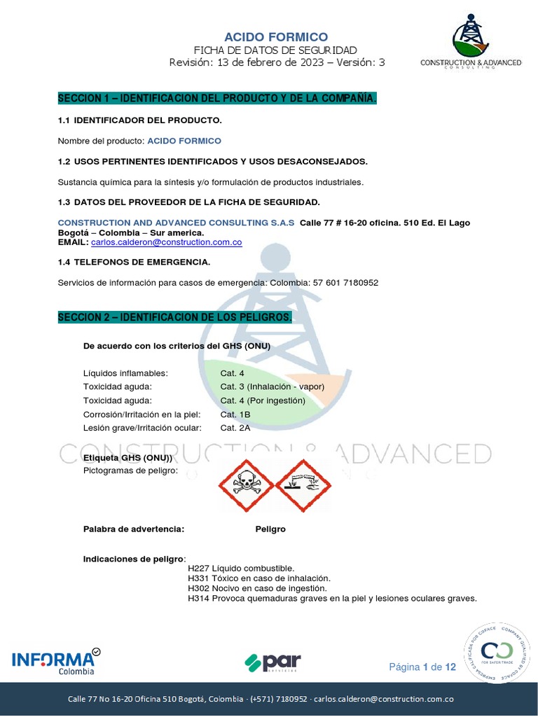 Ficha de Seguridad: Ácido Fórmico | PDF | Agua | Toxicidad