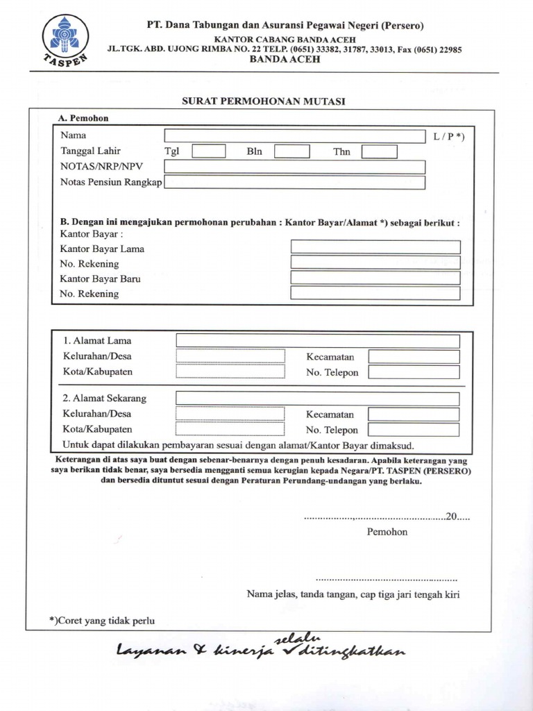 Form Mutasi Taspen | PDF