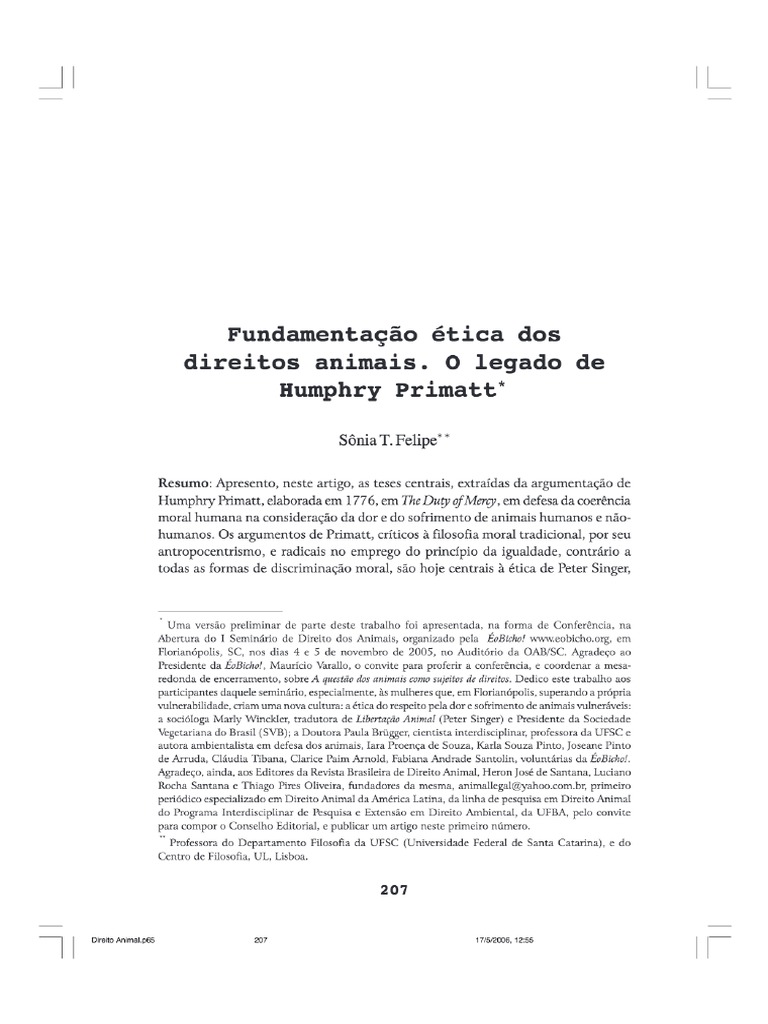 Fundamentação Ética Dos Direitos Animais. O Legado de Humphry Primatt | PDF