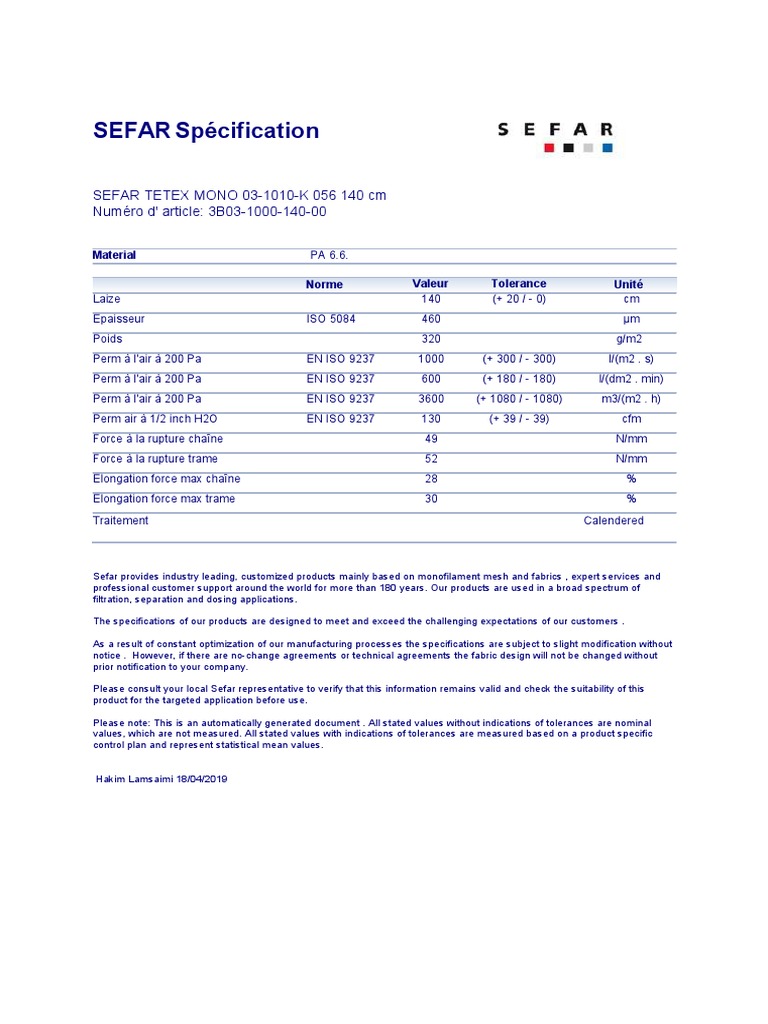 Sefar Spécification: SEFAR TETEX MONO 03-1010-K 056 140 CM Numéro D ...