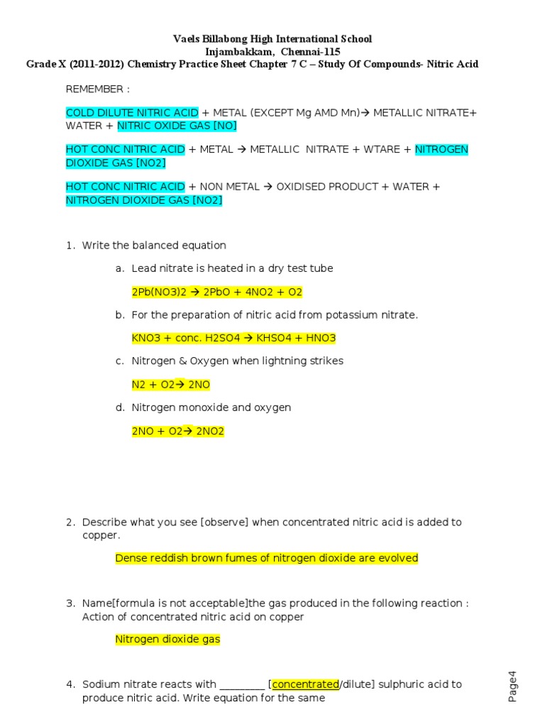 GR 10 Prac Sheet CH 7C Nitric Acid | PDF | Nitric Acid | Acid