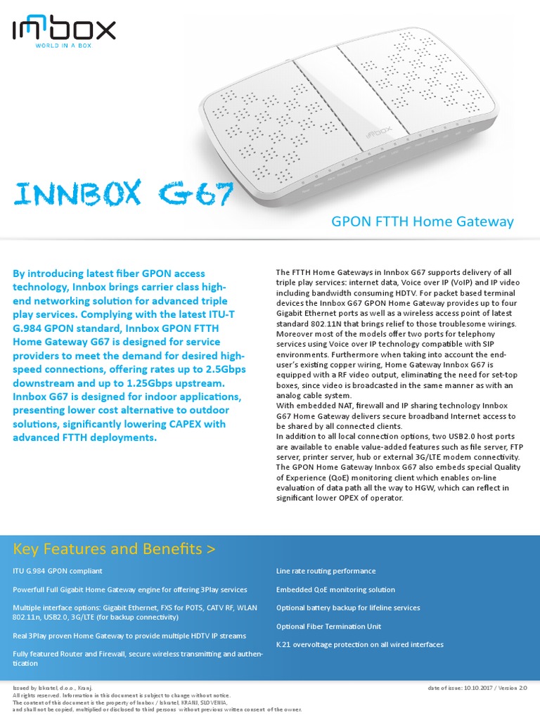 Iskratel Innbox G67 Datasheet EN PDF | PDF | Fiber To The X | Voice Over Ip