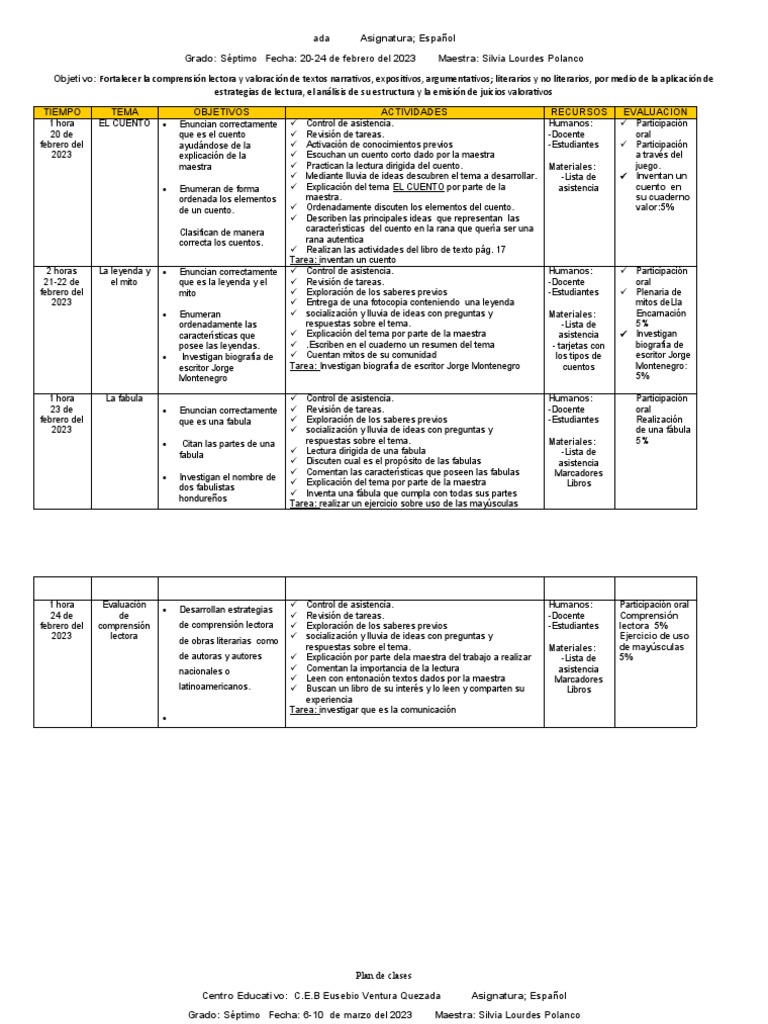 Plan de Clases Septimo Grado | PDF | Comprensión lectora | Comunicación