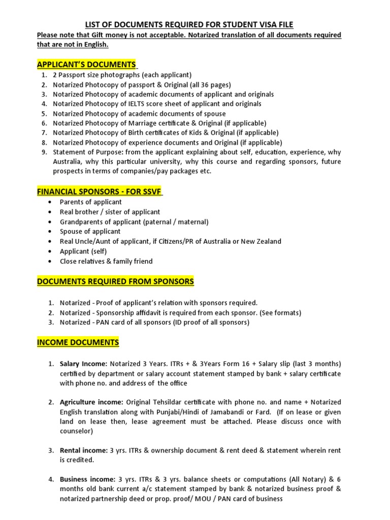 List of Documents Required For Visa File - Australia | PDF | Notary ...