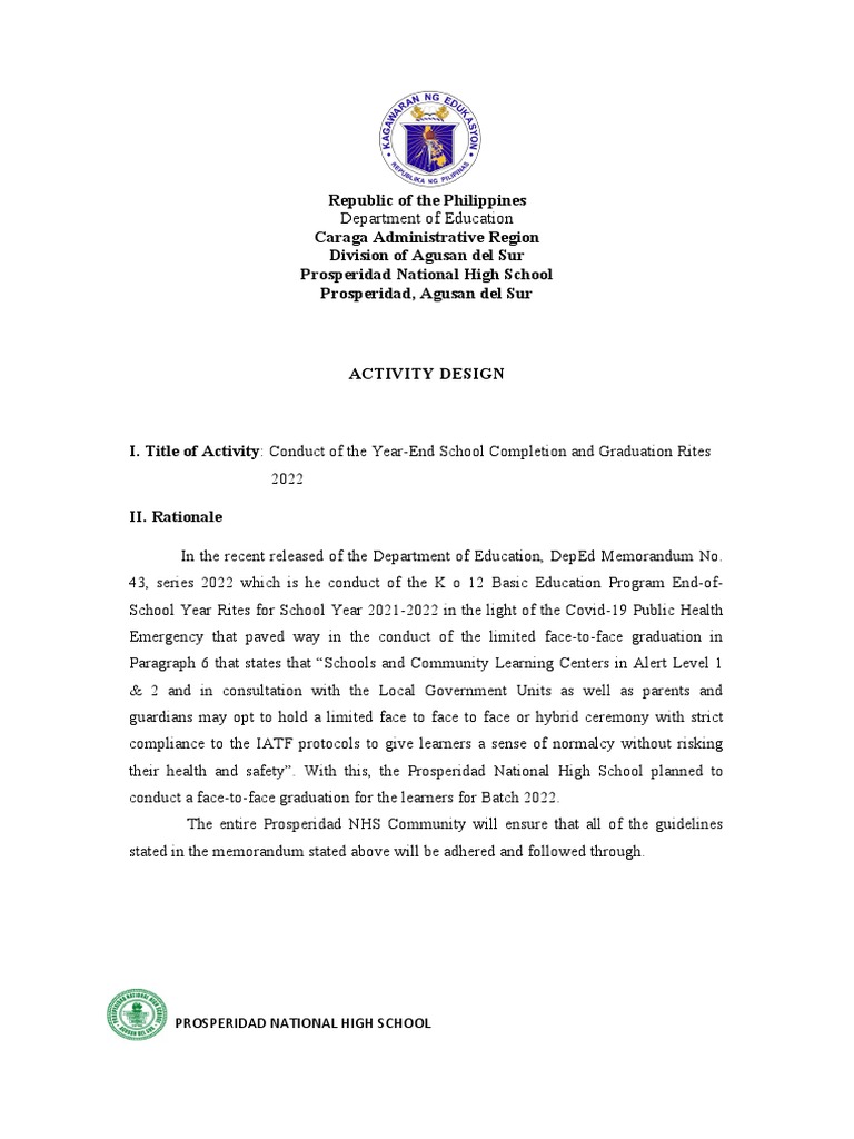 Prosperidad National High School's Plan for Conducting the 2022 Year ...