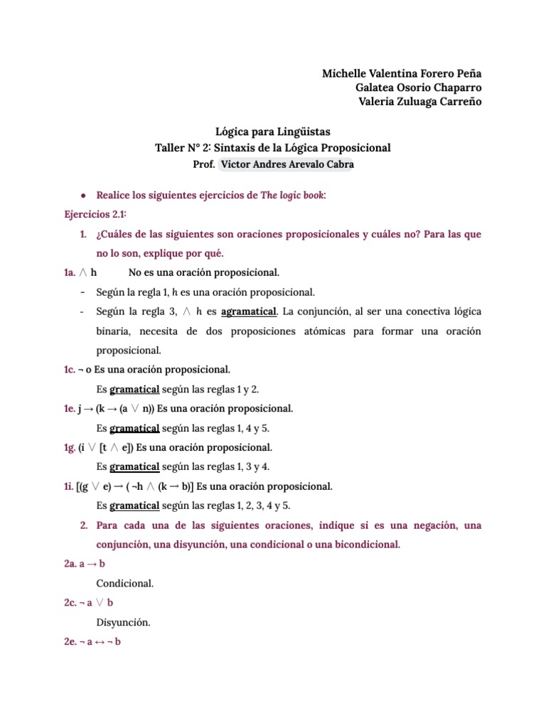 Taller N°2 - Lógica VERSIÓN FINAL | PDF | Proposición | Expresiones lógicas
