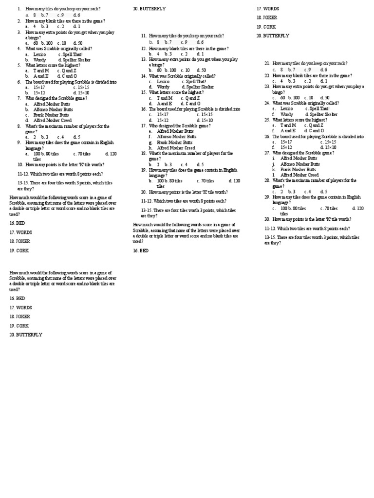 Quiz Scrabble | Download Free PDF | Gaming | Games Of Mental Skill
