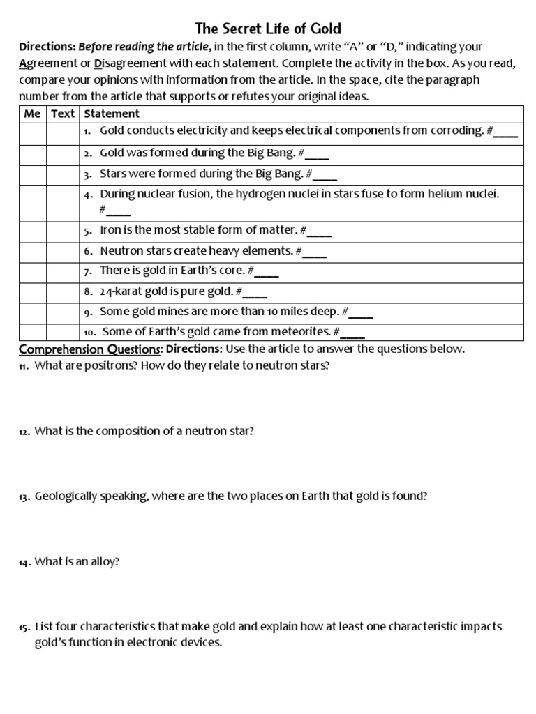 Secret Life of Gold Student Questions | PDF