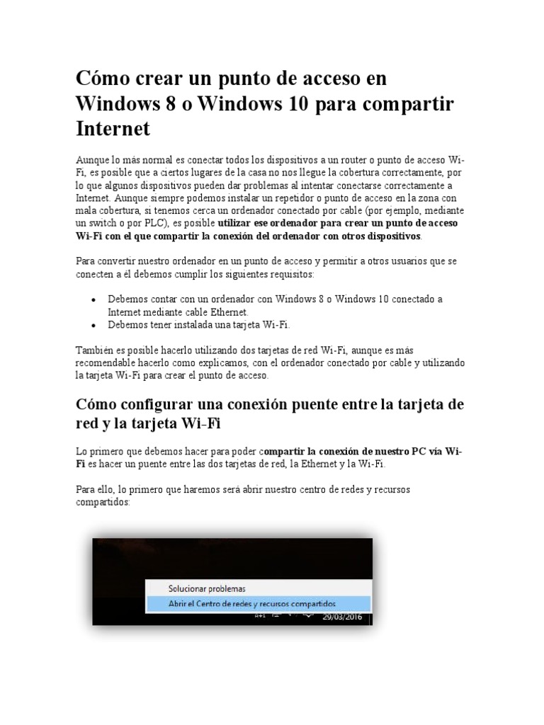Cómo Crear Un Punto de Acceso Wifi en Windows 8 o Windows 10 para Compartir Internet | PDF ...