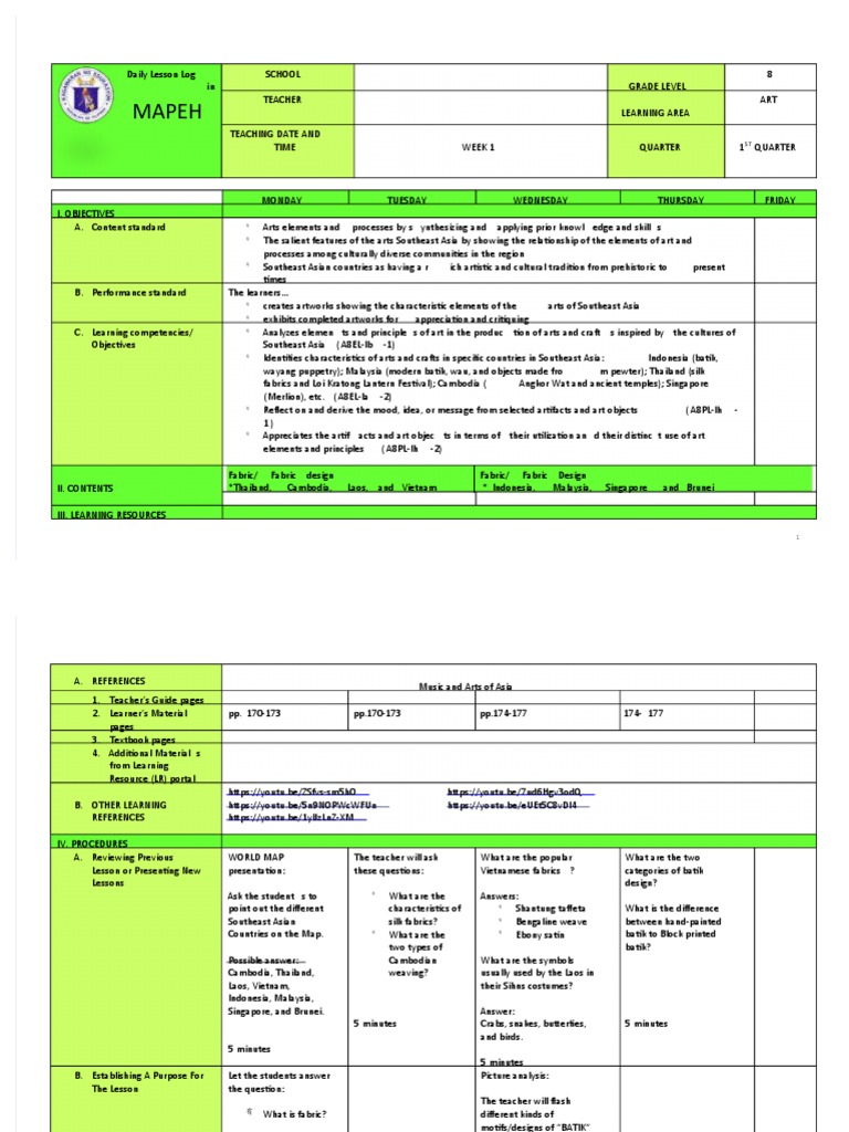 q1 Grade 8 Arts DLL Week 1 | PDF | Textiles | Textile Arts
