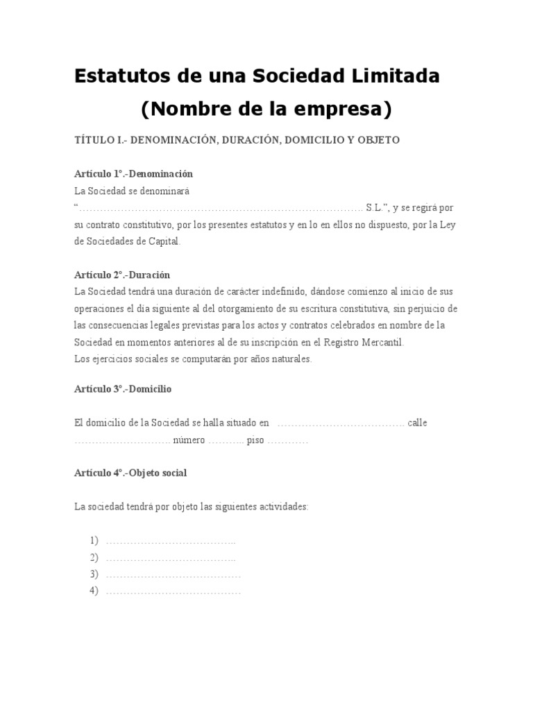 Modelo de Estatutos de Una Sociedad Limitada | Descargar gratis PDF | Sociedad de ...