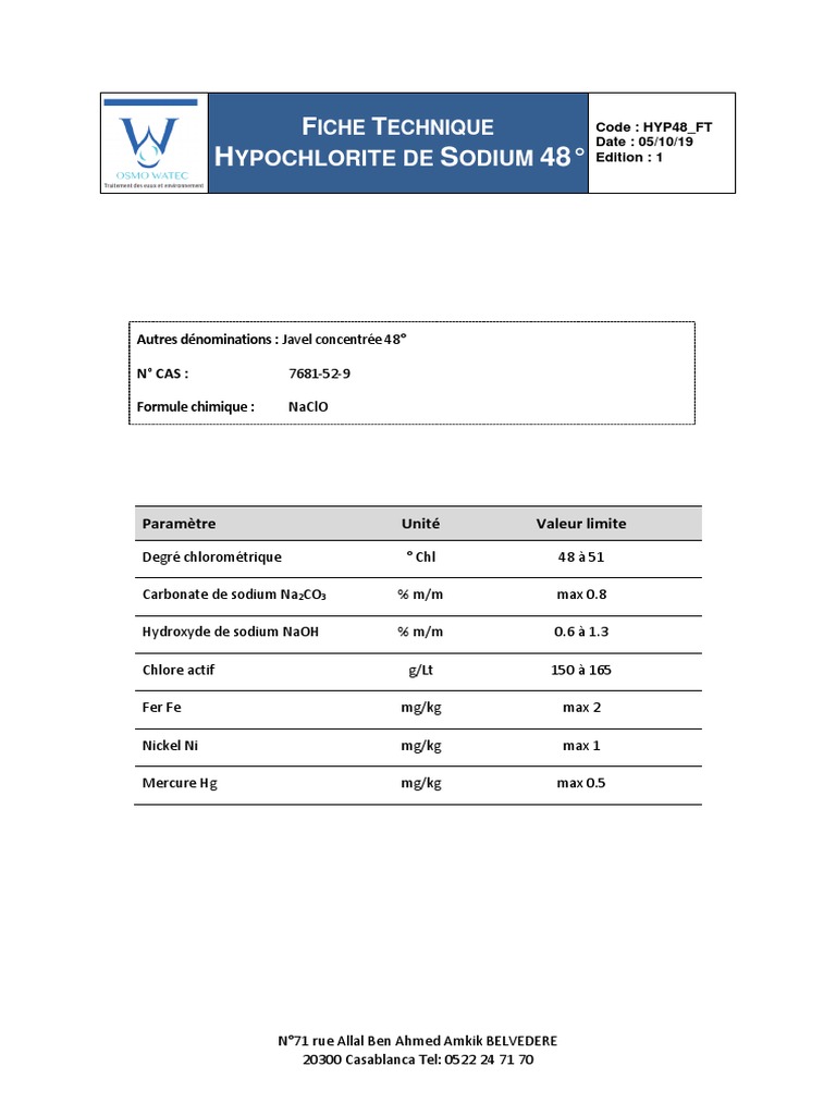 Formule chimique de l'hypochlorite de sodium | PDF