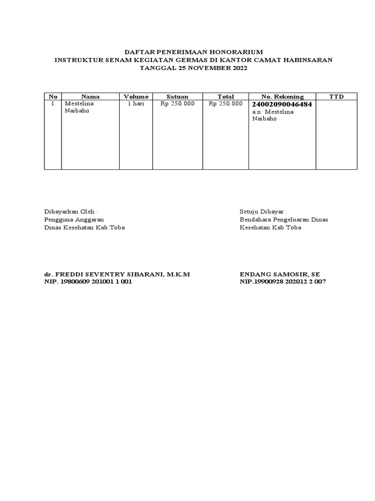 Daftar Penerimaan Honorarium Instruktur Senam | PDF