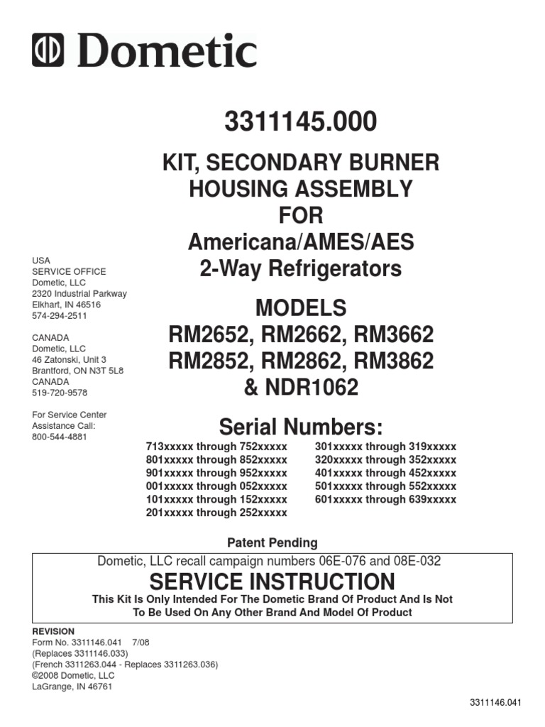 Dometic Recall Kit 2 Way - 3311146.041 | PDF | Leak | Fuse (Electrical)