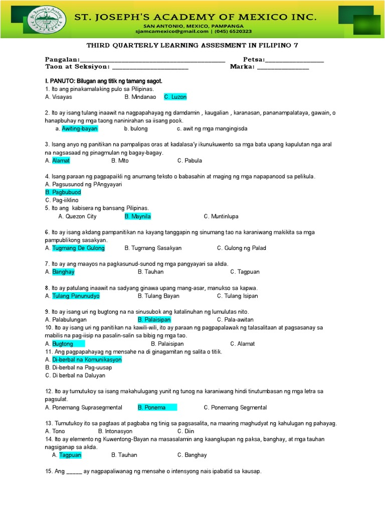 3rd QLA Filipino 7 Answer Key - 1 | PDF
