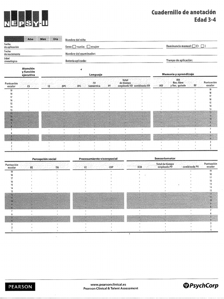 NEPSY II-CUADRENILLO ANOTACIÓN 3-4 AÑOS | PDF