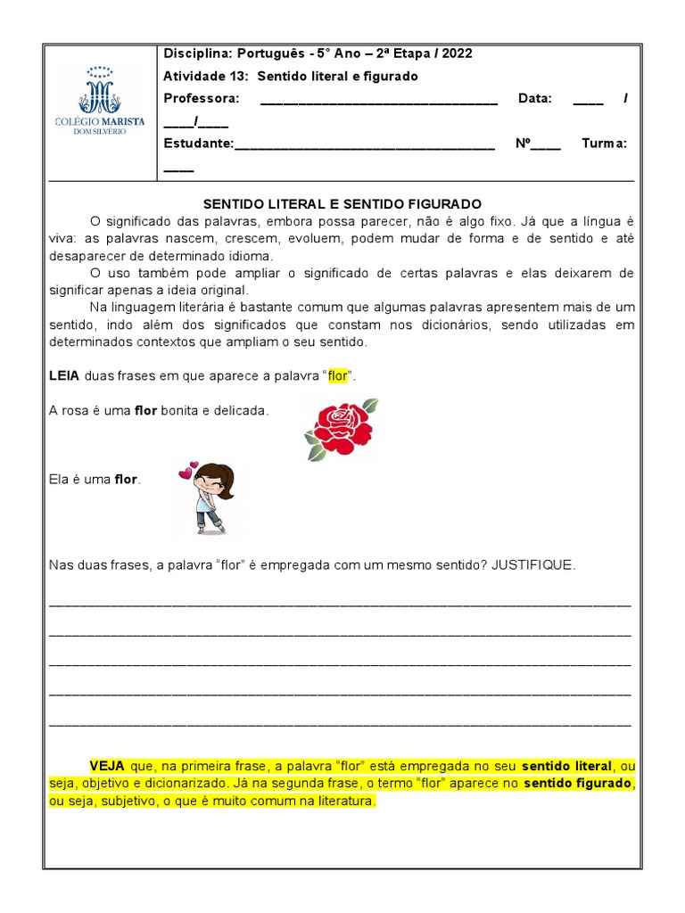 ATIVIDADE 13 - PORT - 2 ET - 5º ANO - Sentido Literal e Figurado | PDF ...