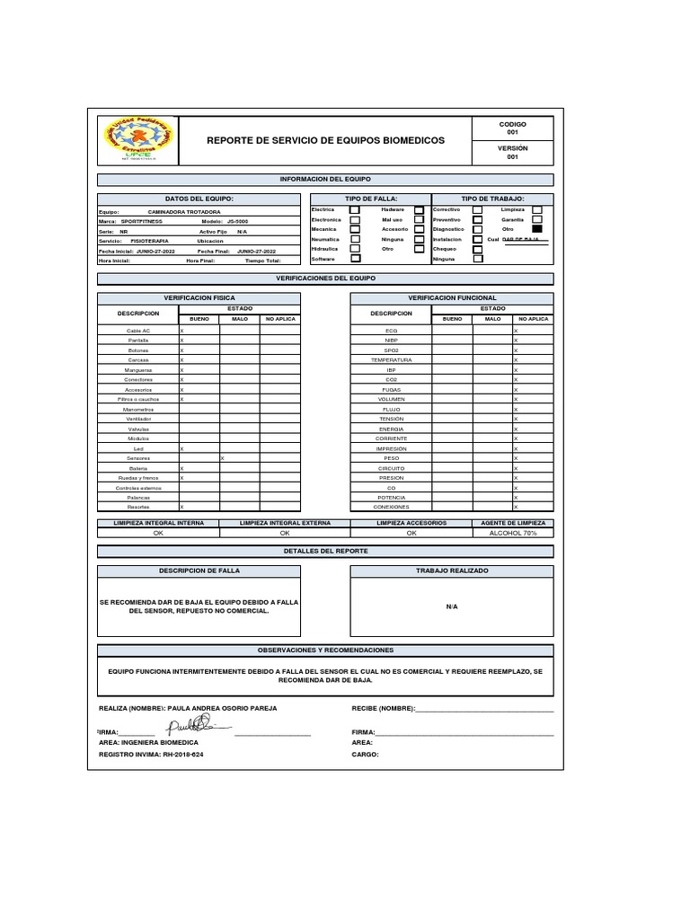Reporte de Servicio de Trotadora Dar de Baja | PDF | Ciencias fisicas | Bienes manufacturados