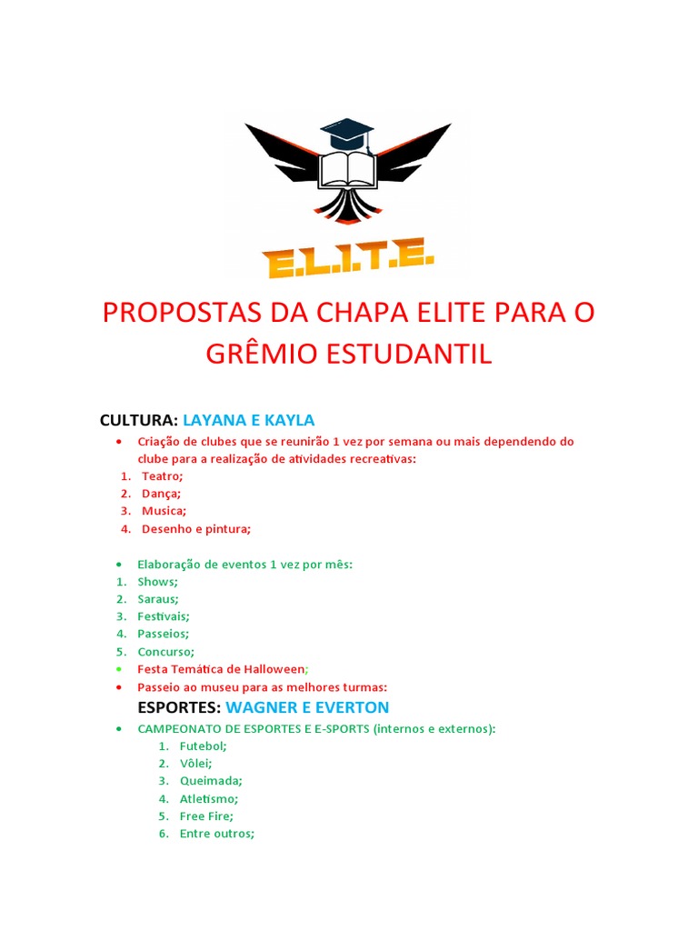 Propostas Da Chapa Elite para o Grêmio Estudantil | PDF | Pedagogia | Escolas