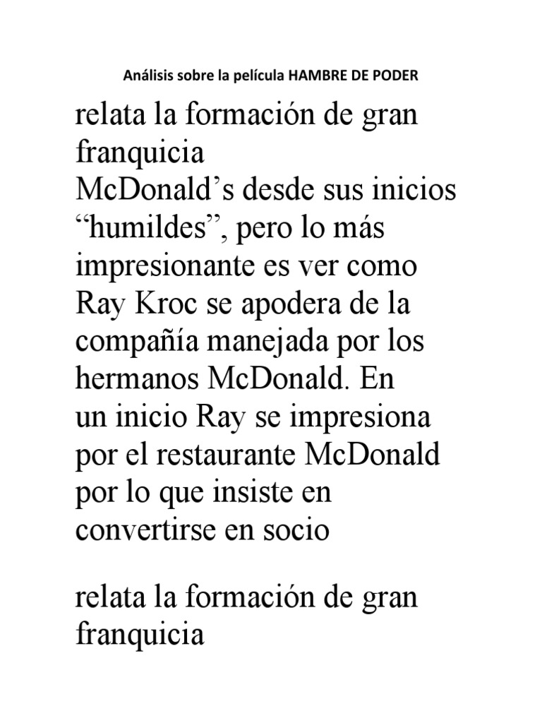 Análisis Sobre La Película HAMBRE DE PODER | PDF | Mc Donald's | Economias