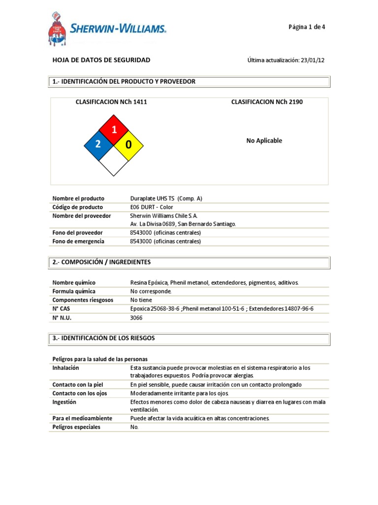 Duraplate Uhs TS Comp A - MSDS | PDF | Agua | Descomposición