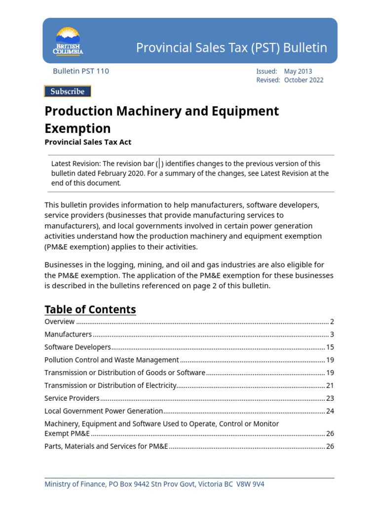 PST 110 Production Machinery Equipment Exemption PDF | PDF | Goods ...