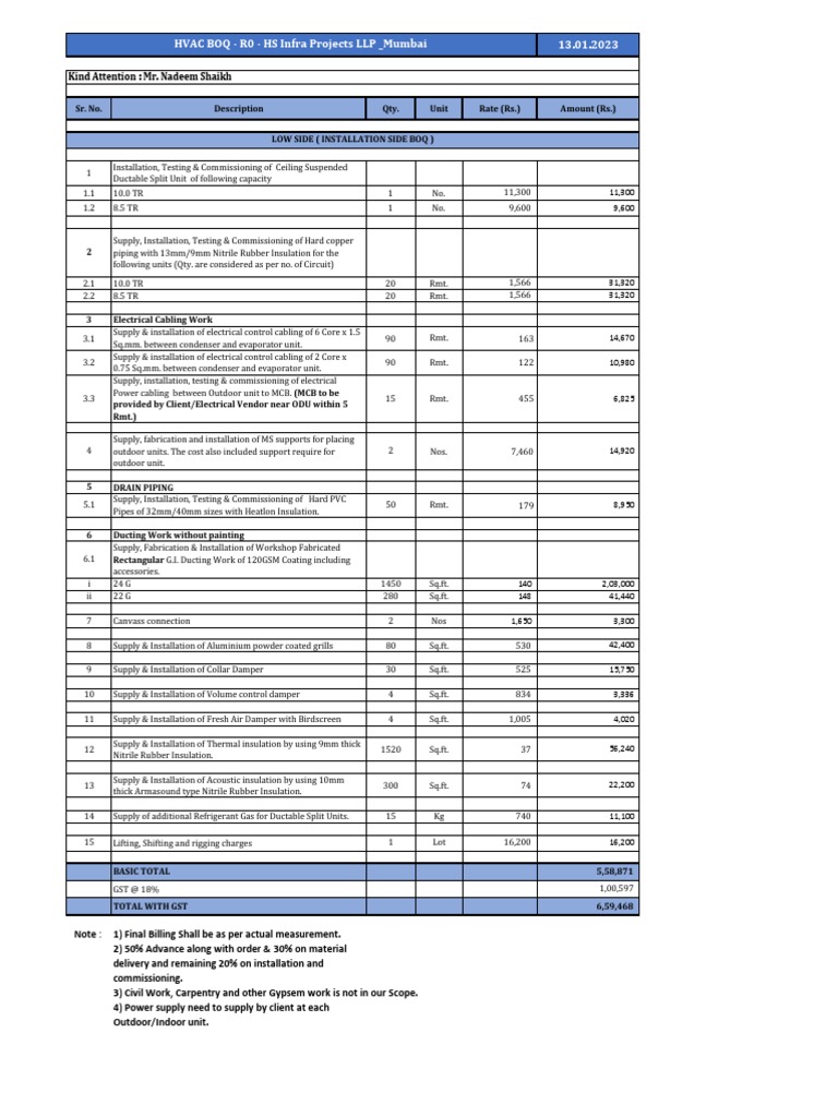 HVAC BOQ _HS Infra Projects.pdf | PDF | Duct (Flow) | Heat Transfer