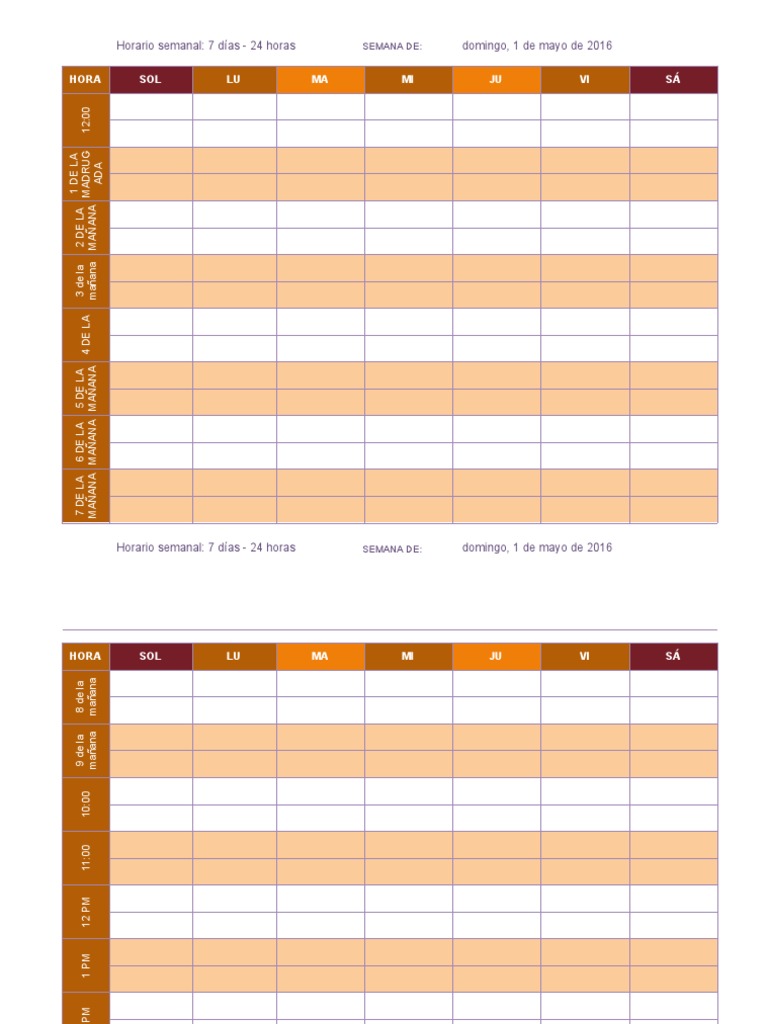 Weekly Schedule Sun Sat Landscape Template - ES | PDF