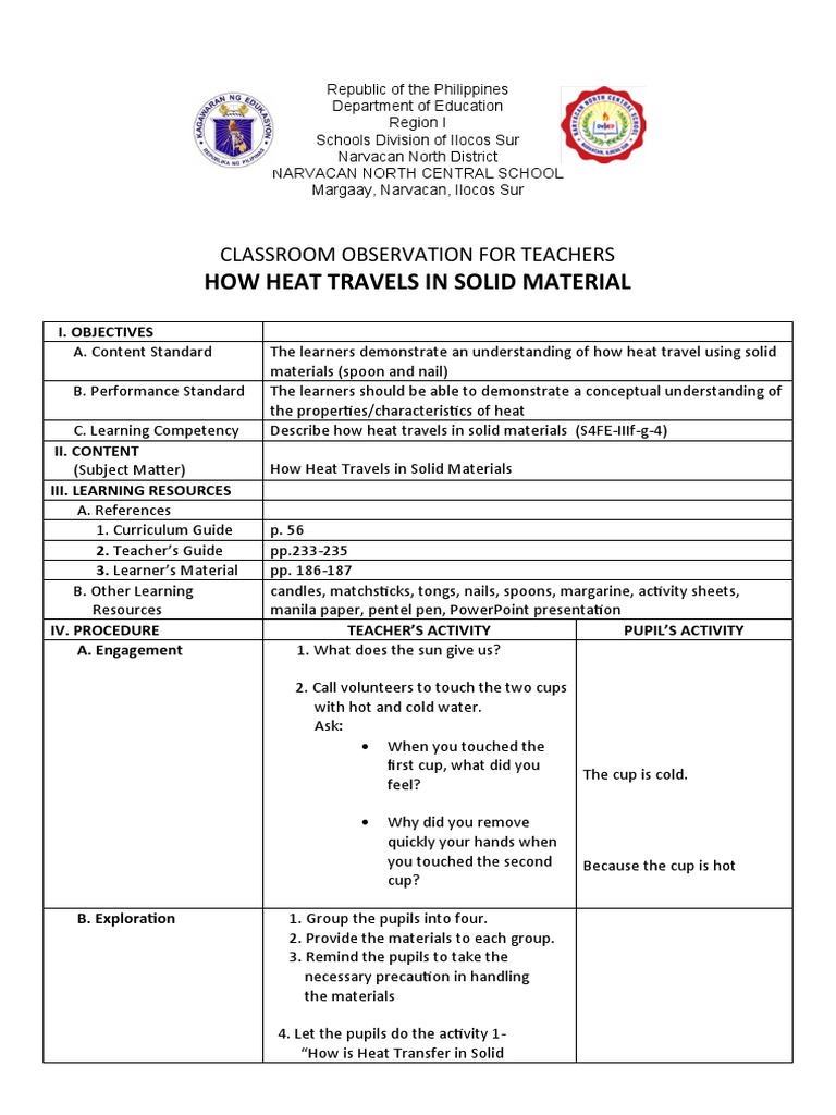 Lesson Plan in Science 4 How Heat Travels in Solid Materials | PDF ...