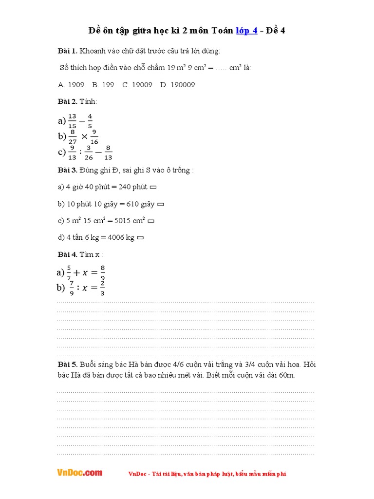 De On Tap Giua Hoc Ki 2 Lop 4 de 4 | PDF