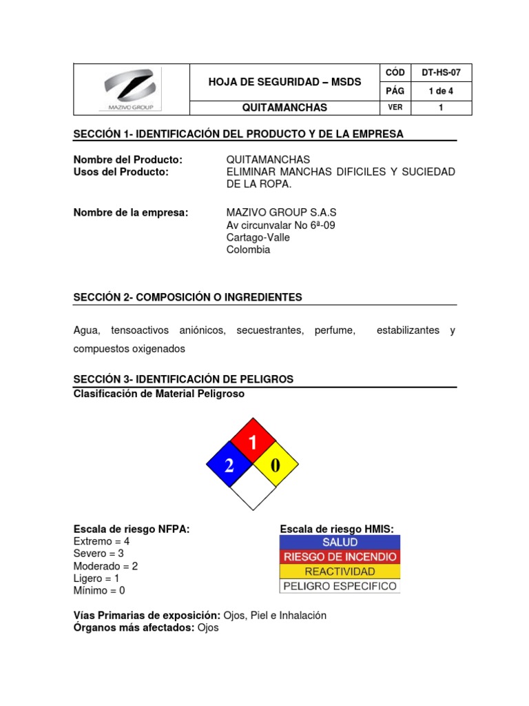 Hoja de Segurida Bonaropa Quitamanchas | PDF | Agua | Blanqueador