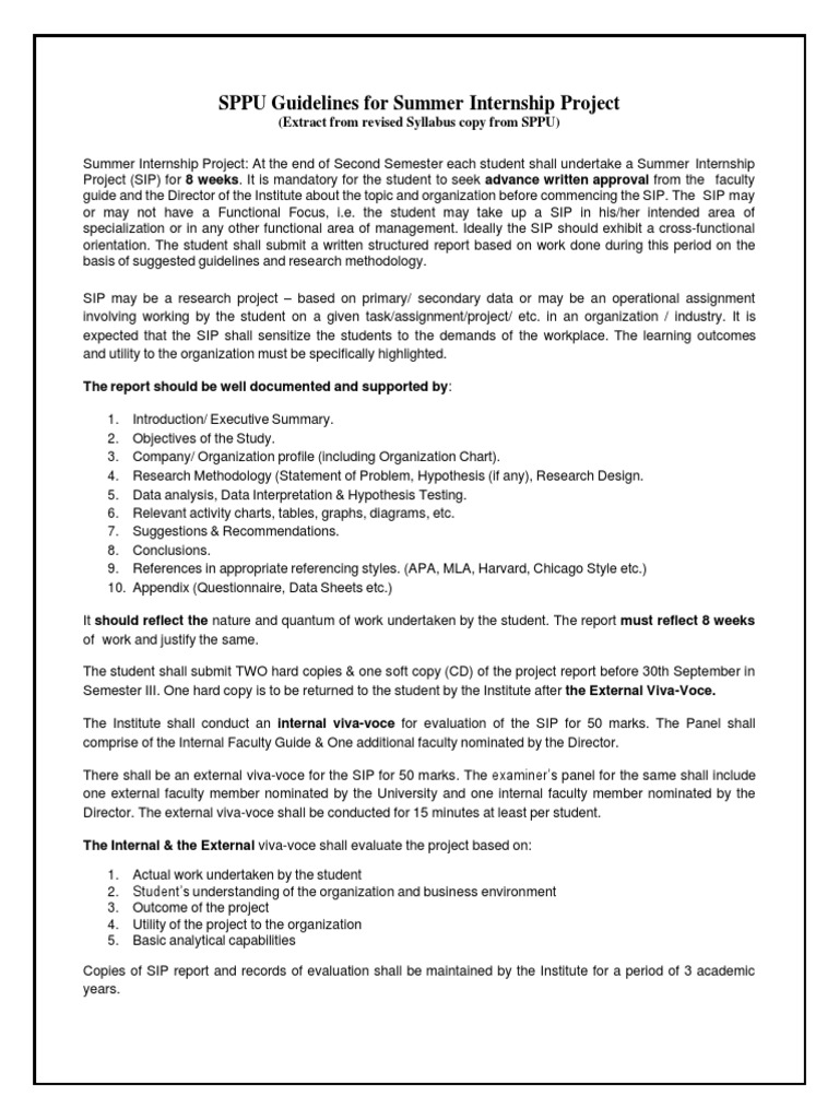 SPPU Guidelines for Summer Internship Projects | PDF | Thesis | Methodology