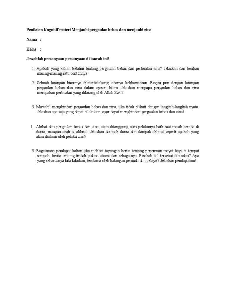 Penilaian Kognitif Materi Menjauhi Pergaulan Bebas Dan Menjauhi Zina | PDF