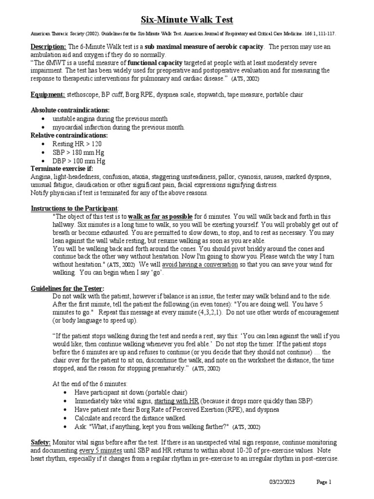 Guidelines for Administering and Interpreting the Six-Minute Walk Test ...
