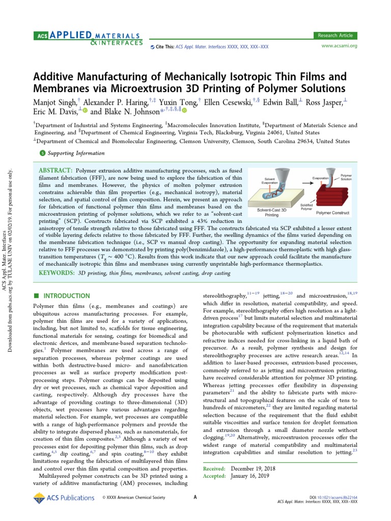 Additive Manufacturing of Mechanically Isotropic Thin Films and Membranes Vía Microextrusion 3D ...