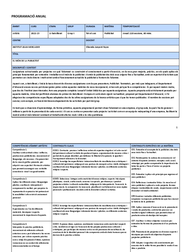 Programació Didàctica Anual Publicitat Elisenda Junyent INS JOAN MERCADER | PDF