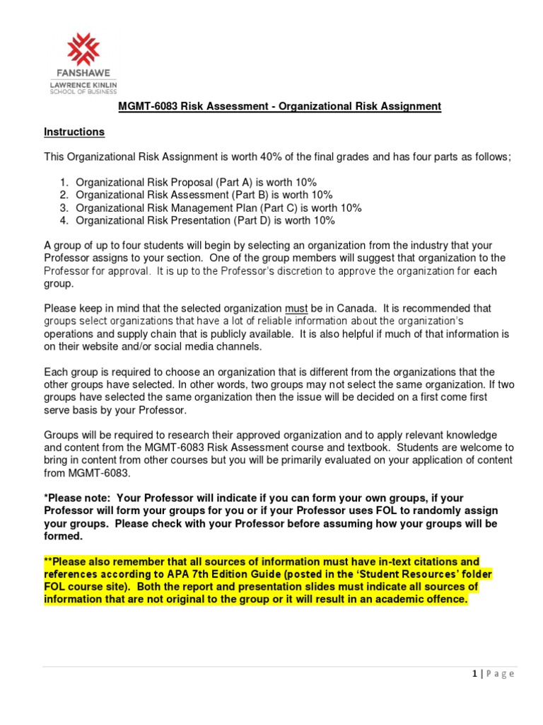 MGMT-6083 Risk Assessment Organizational Risk Assignment W23 PDF | PDF | Risk | Risk Management