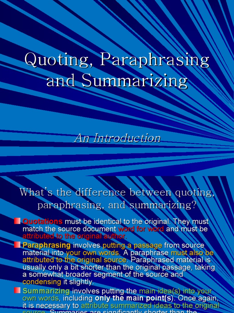 Quoting, Paraphrasing, and Summarizing Guide | PDF | Plagiarism | Verb
